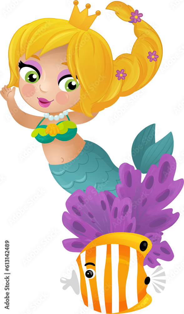 cartoon scene with mermaid princesss wimming near coral reef isolated ...