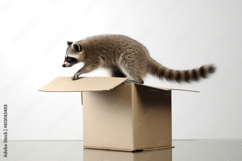 Generative Ai of a Cute racoon jumping out of a box. Stock Illustration ...