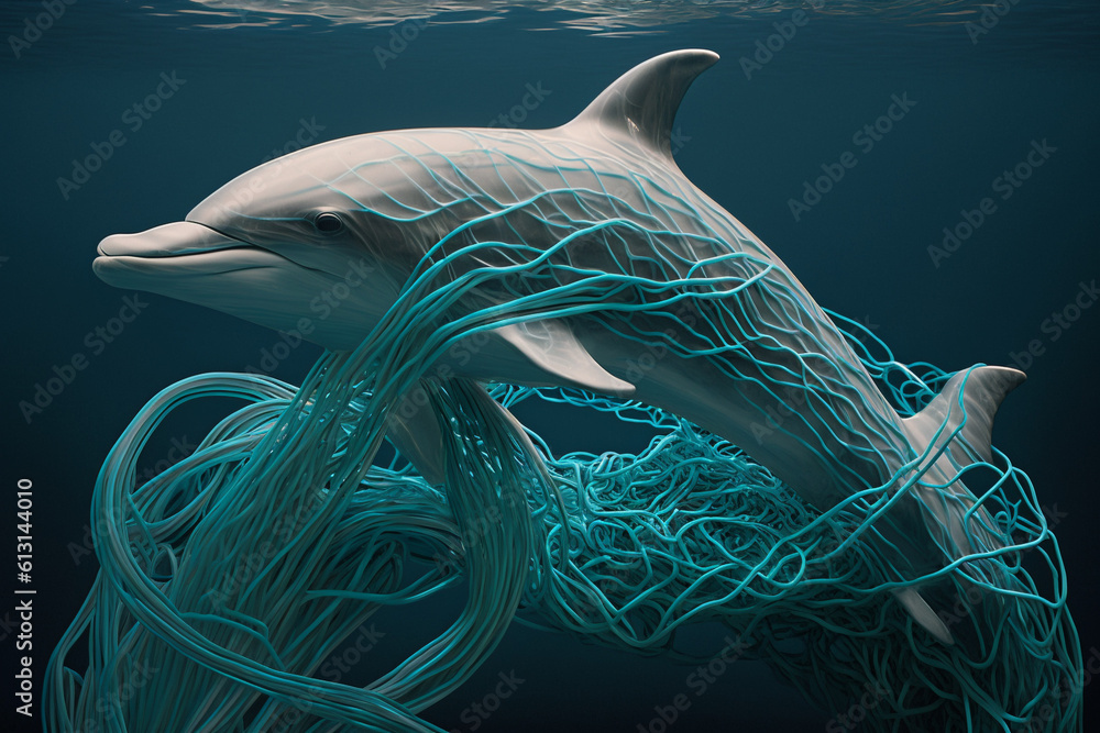 Generative Ai of a dolphin tangled in fish net Stock Illustration ...