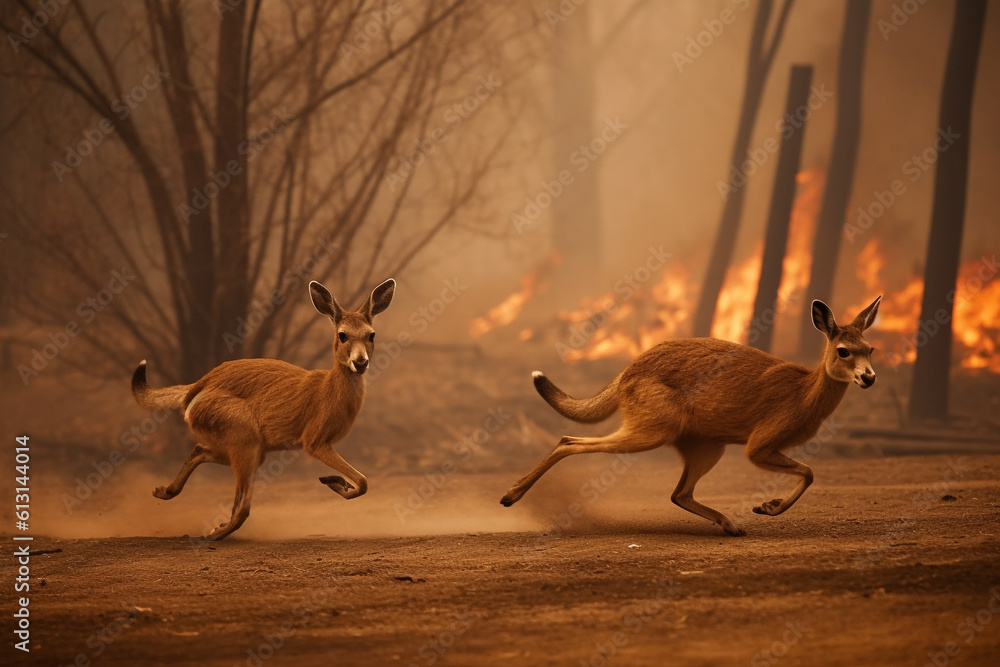 Generative Ai of wild animals running away from a wildfire. Stock ...
