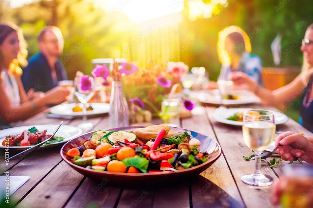 Gente feliz almorzando en una hermosa mesa en el jardín. Concepto de ...
