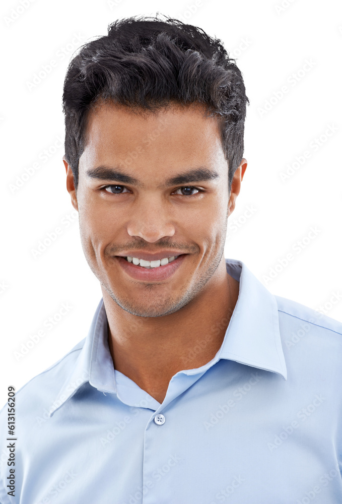 Business man, smile in portrait and face, success with job satisfaction ...