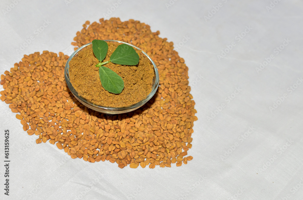 Fenugreek Seeds (Methi Dana) and leaves in heart shape on white ...