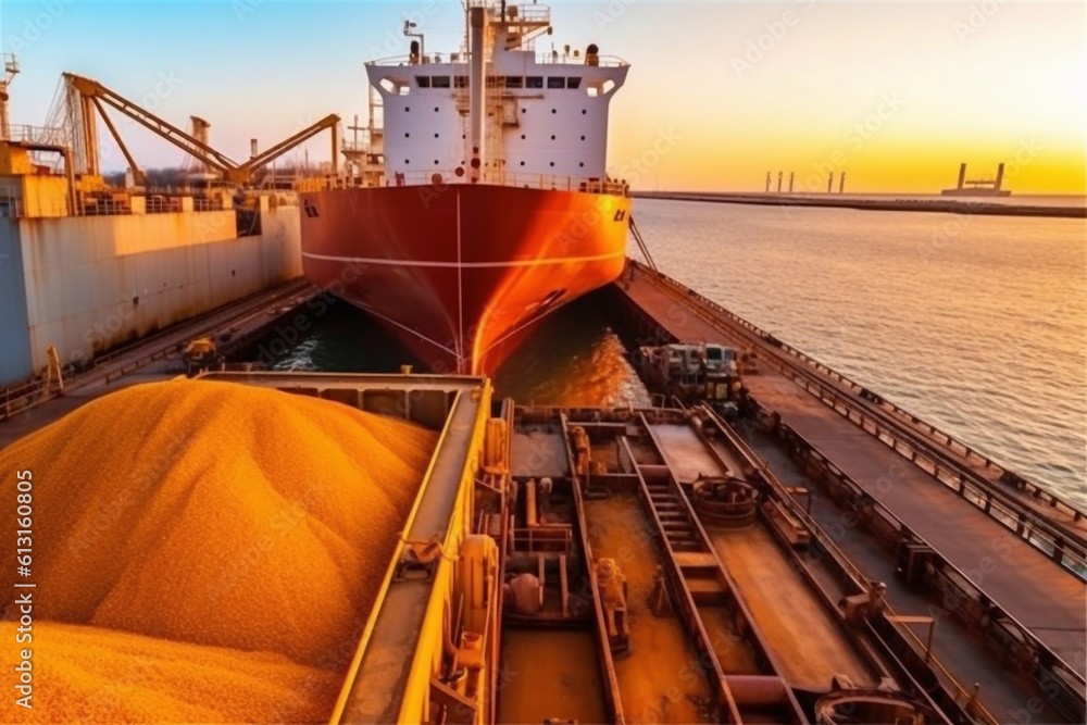 Loading grain into holds of sea cargo vessel in seaport from silos of ...