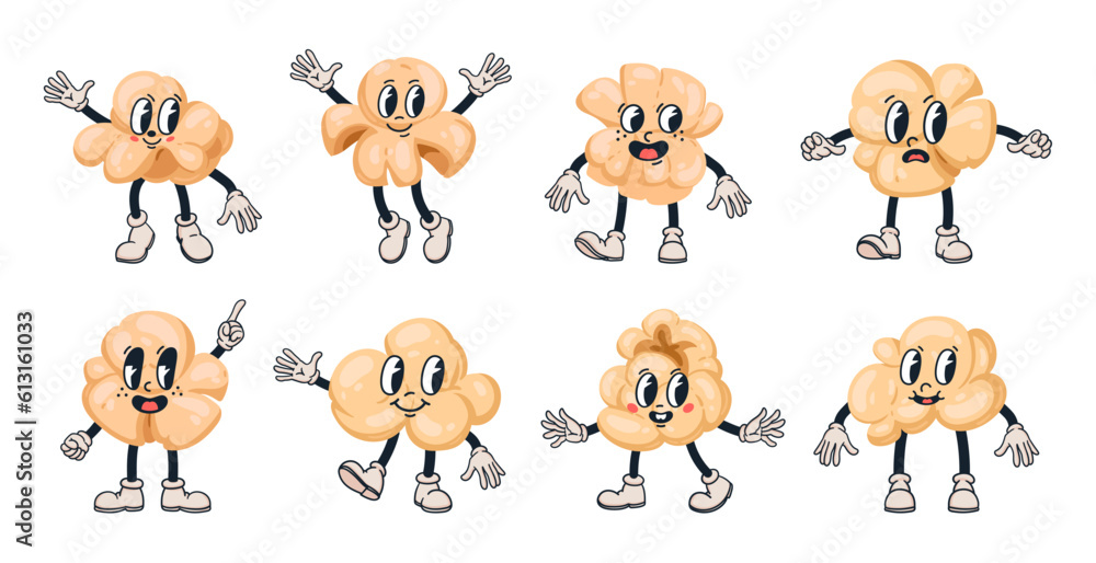 Popcorn characters. Cartoon popping corn cute mascots, funny emotions ...