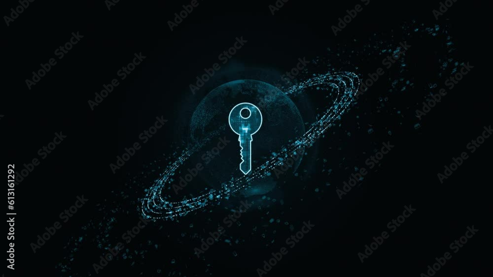 Motion graphic of Blue security key logo with particle ring circle ...