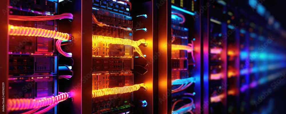 High performance data servers. Glowing cables, high bandwidth. Ultra high performance servers in ...