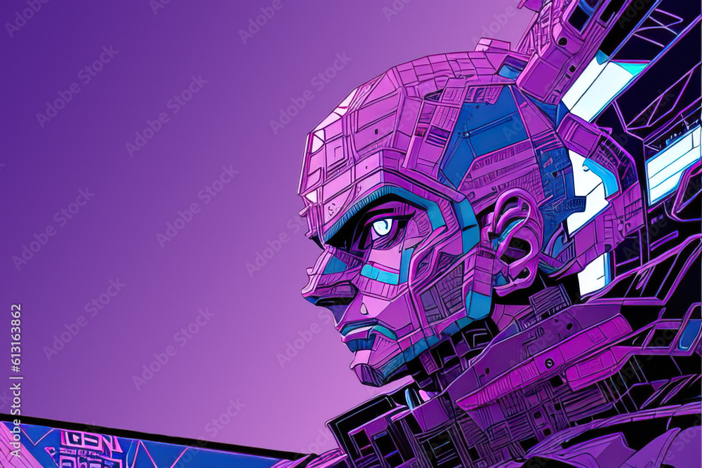 Cyberpunk. Cyborg. Futuristic Generative AI illustration in purple and ...