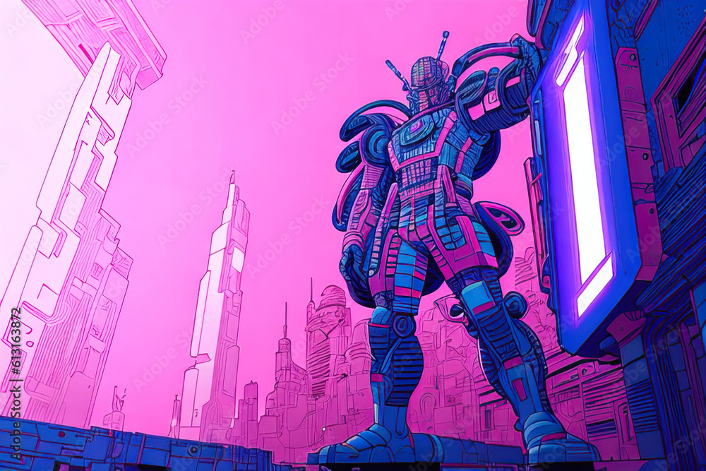 Cyberpunk. Cyborg. Futuristic Generative AI illustration in purple and ...