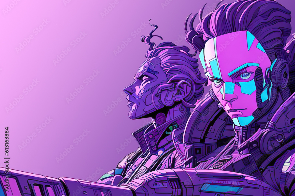 Cyberpunk. Cyborg. Futuristic Generative AI illustration in purple and ...