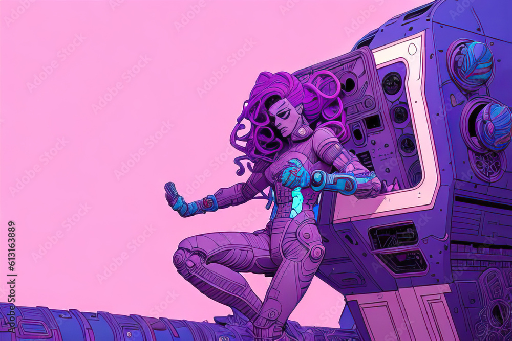 Cyberpunk. Cyborg. Futuristic Generative AI illustration in purple and ...