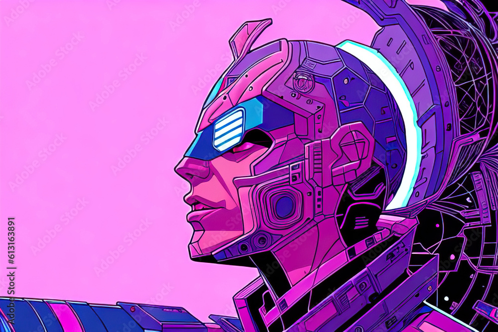 Cyberpunk. Cyborg. Futuristic Generative AI illustration in purple and ...