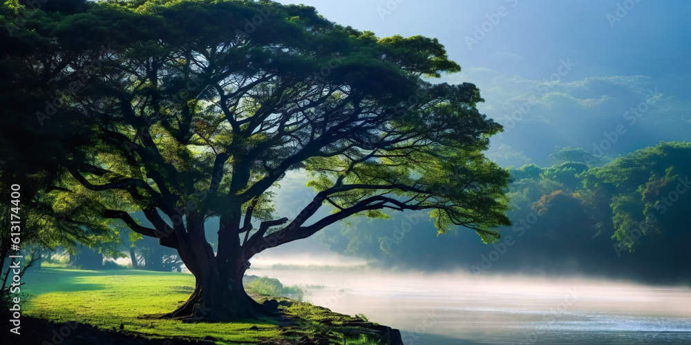 high view.Big tree and river stream and forest landscape mountain in ...