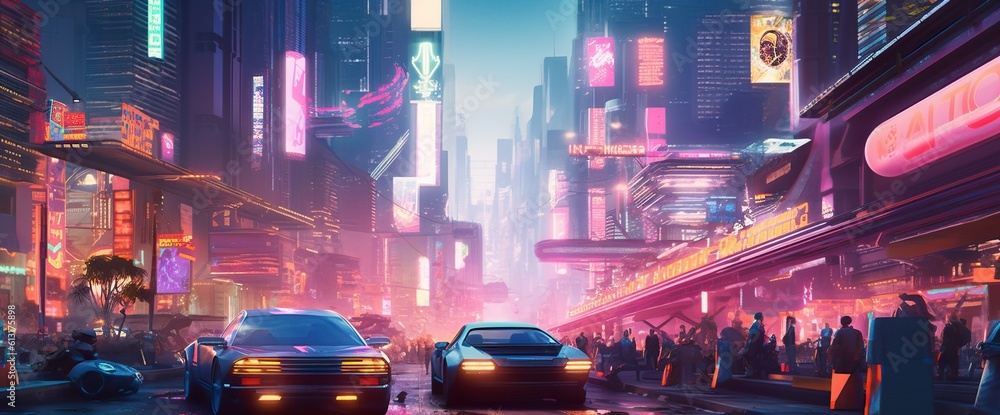 Cyberpunk neon city street at night. Futuristic city scene in a style ...