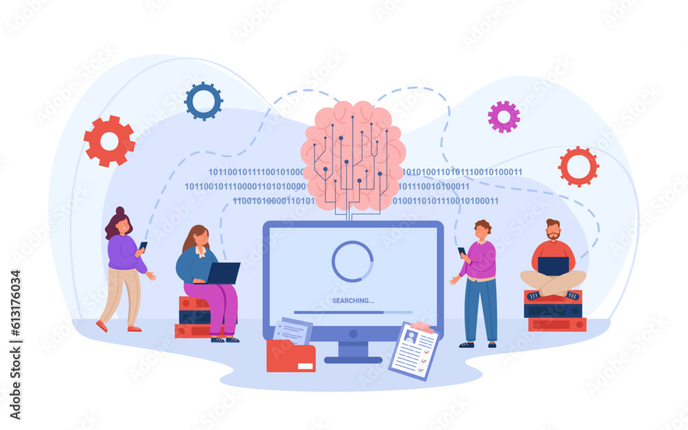 People using AI search on different devices vector illustration ...