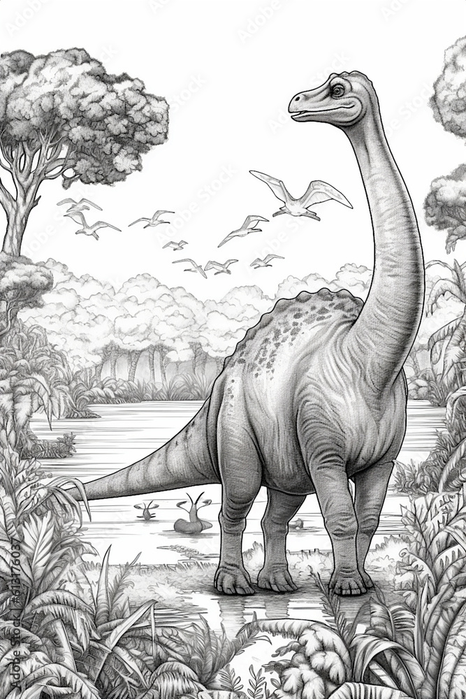 Brontosaurus. Dinosaur, pencil drawing style. White background. Ai ...