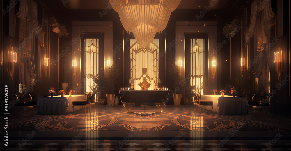 an art deco-inspired illustration of a luxurious ballroom from the ...