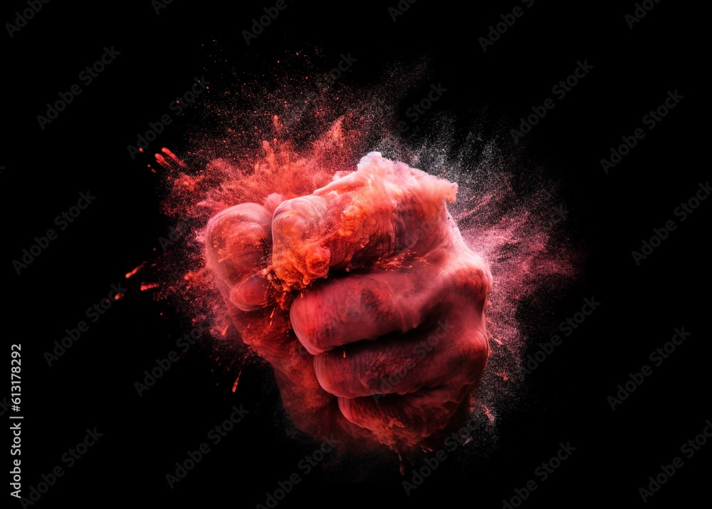 A single clenched fist bursting with red colored powder, isolated on ...