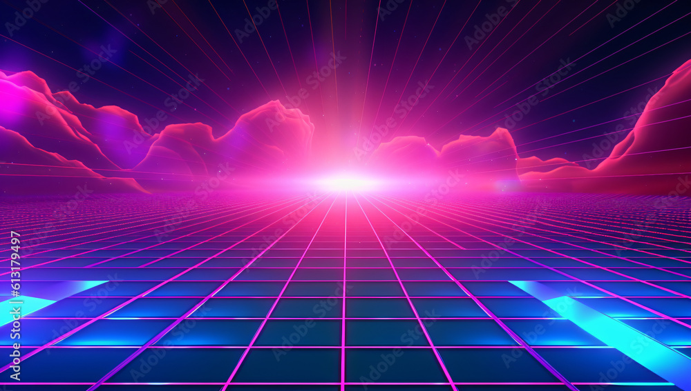 Vector cyberpunk illustration with purple grid floor. Arcade videogame ...