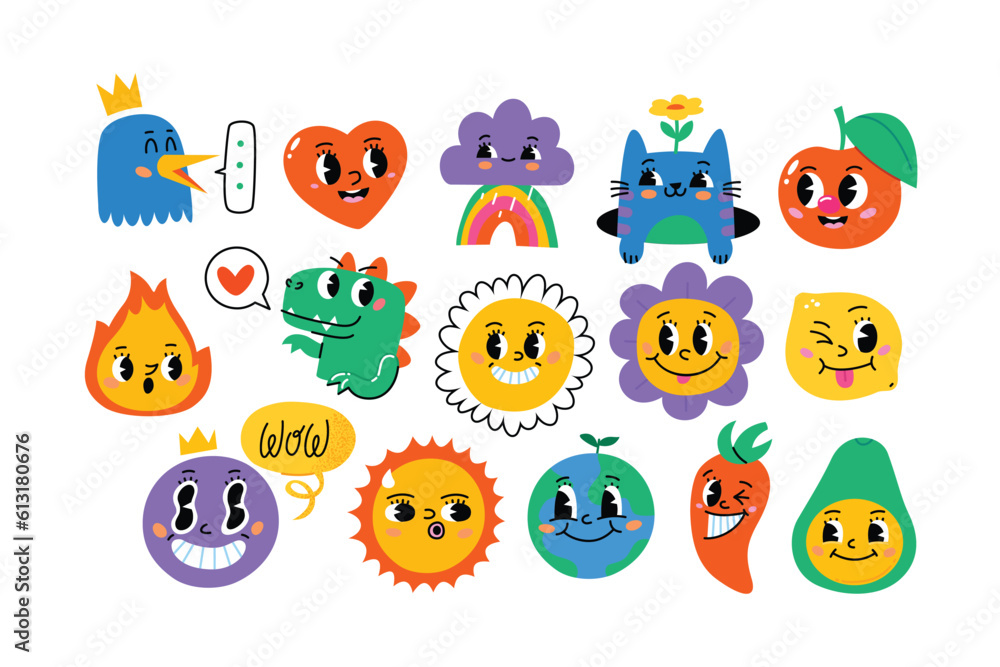 Funny retro cartoon characters with faces. Contemporary illustration ...