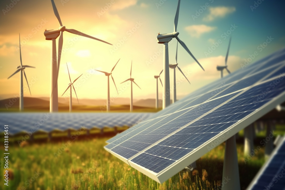 Renewable energy banner background with green energy as wind turbines ...