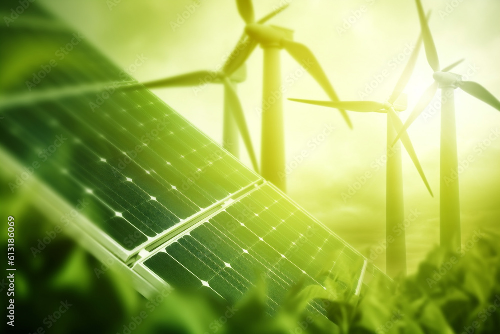Renewable energy banner background with green energy as wind turbines ...