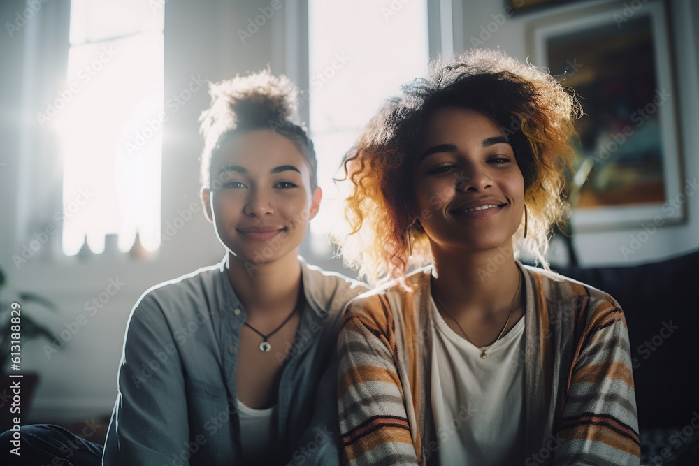 Multicultural generative ai lesbian couple practicing mindfulness ...
