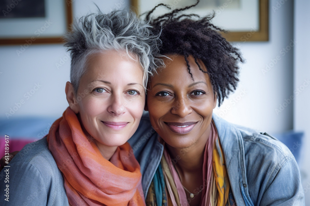 Multicultural generative ai lesbian couple practicing mindfulness ...