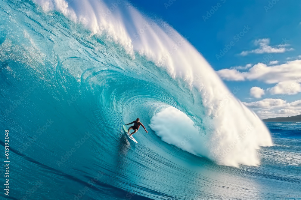 Surfer rides giant blue ocean wave. Extreme sport and active lifestyle ...