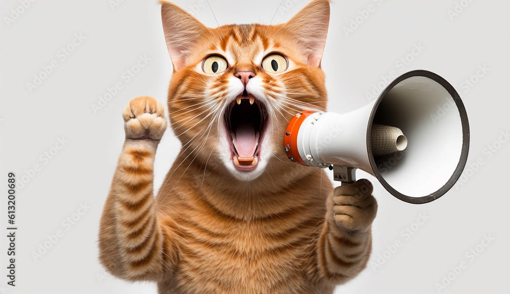 Cute cat holds a yellow loudspeaker in its shouting and announcing on a ...