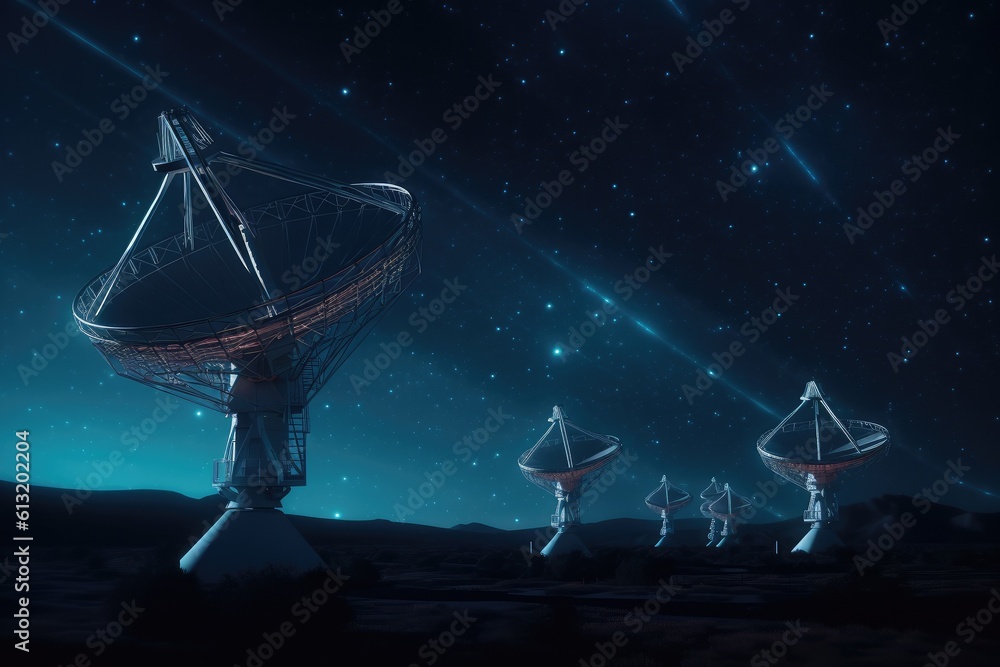 Collection set of radio telescopes at night with starry sky. Search for ...