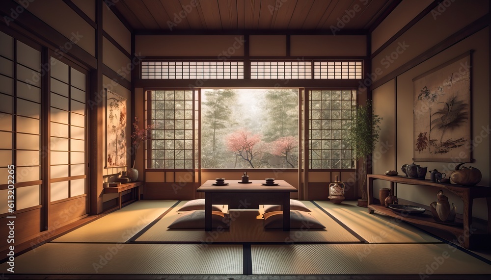 Traditional japanese tea room interior with tatami mats. 3d rendering ...