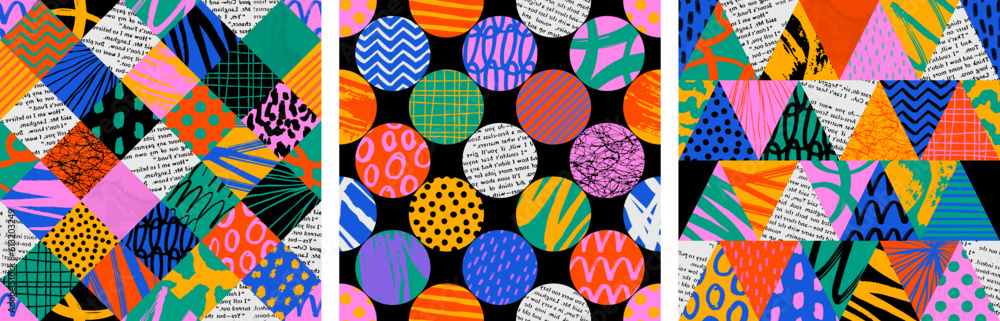 Colorful seamless pattern set with collage art texture. Modern ...