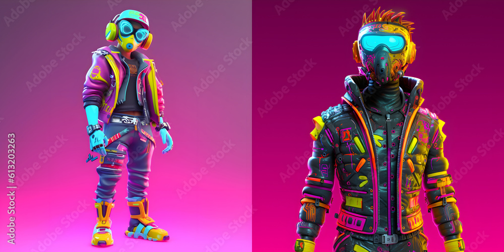 3D cartoon metaverse set. Character in vibrant neon colors, a cyberpunk ...