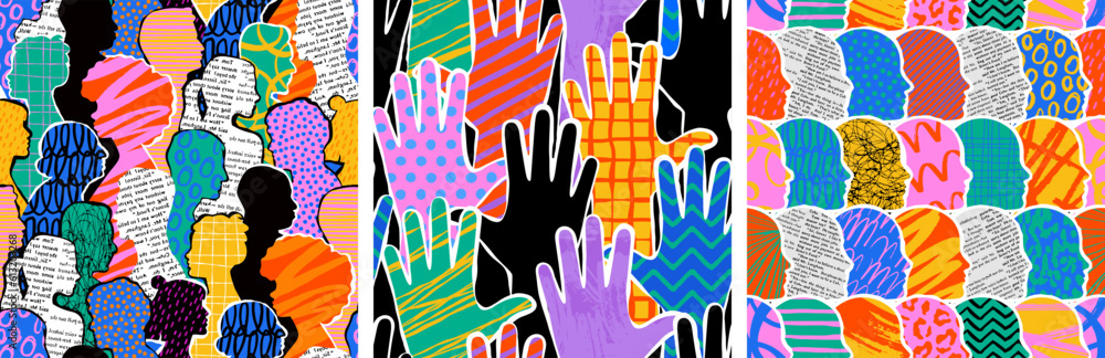 Colorful diverse people crowd abstract art seamless pattern set. Multi ...