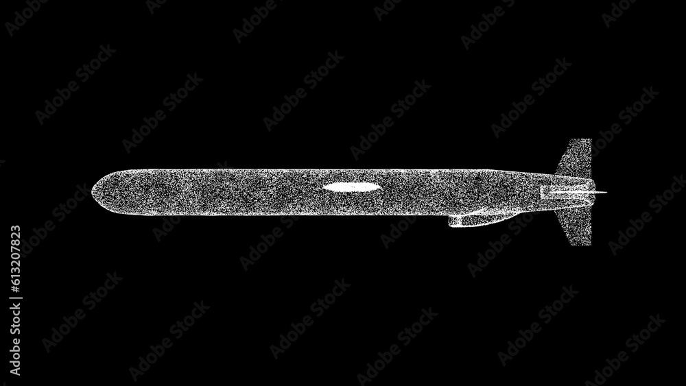 3D cruise missile on black background. Object made of shimmering ...