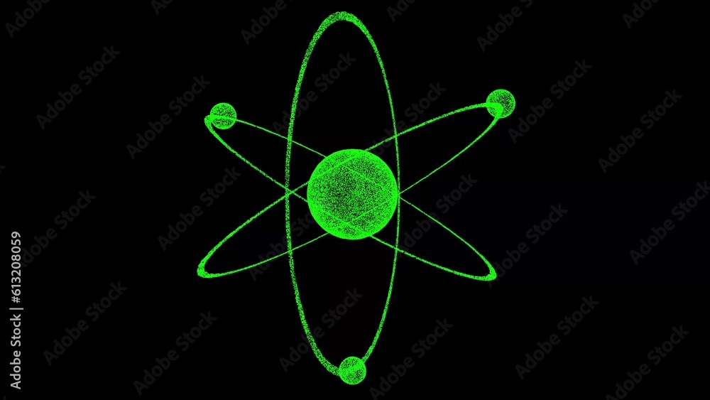 3d Atom Model With A Nucleus And Electrons On Black Bg Object Dissolved Flickering Particles