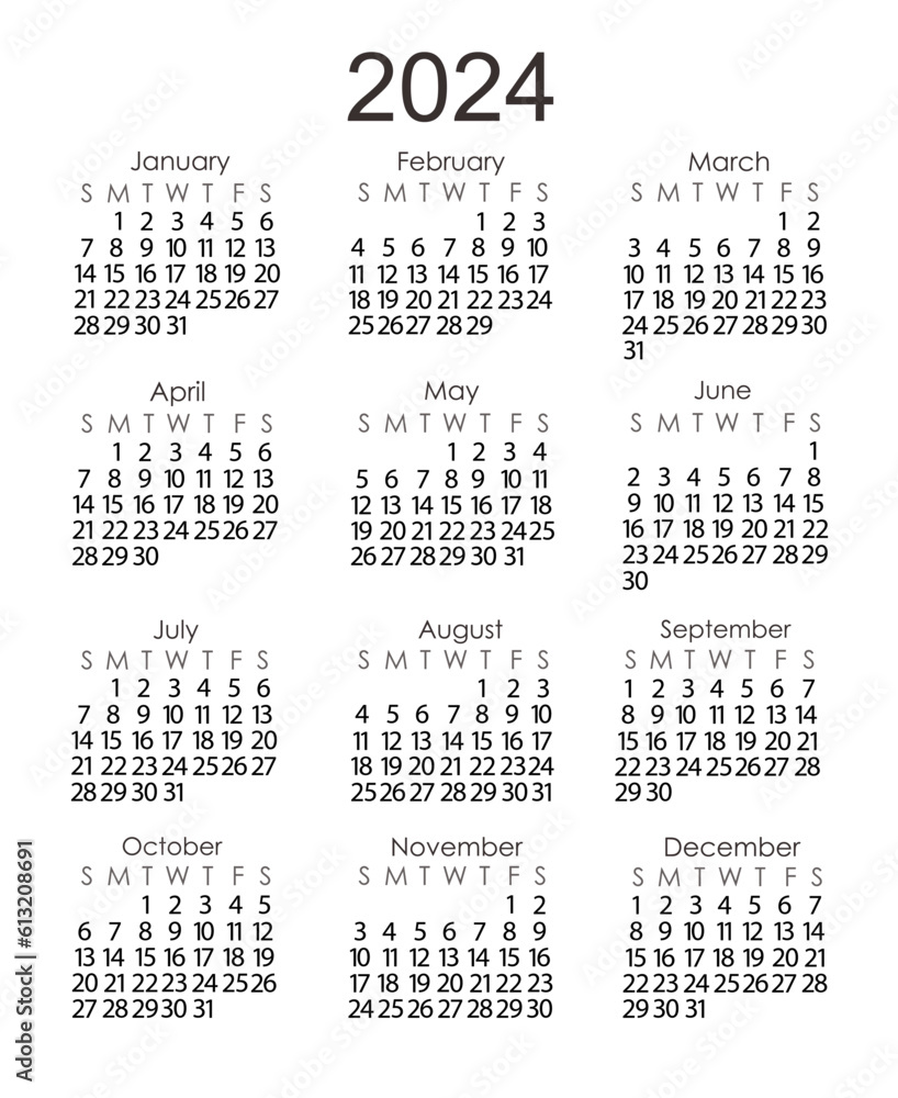 Calendar template for the year 2024 in simple minimalist style, week ...