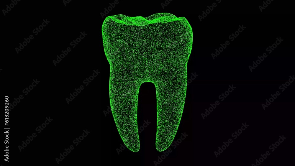 3D tooth on black bg. Object dissolved flickering particles. Scientific ...