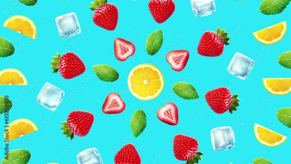 Looped Strawberry Lemons Mints Animation. 4K Fresh Summer Strawberry ...