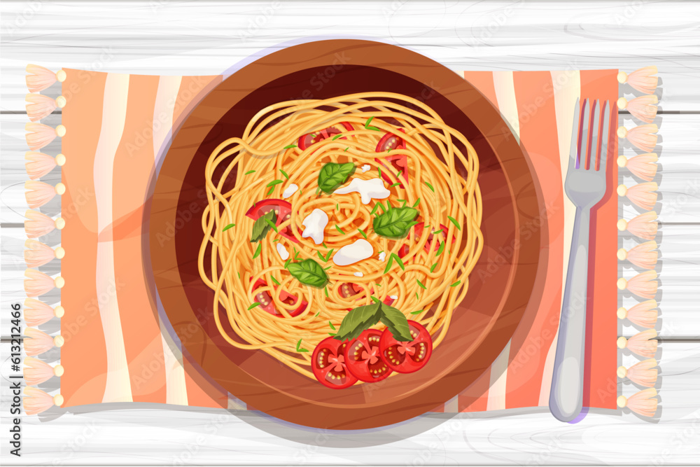 Spaghetti Pasta in wooden plate with tomatos, basil, mozzarella in ...