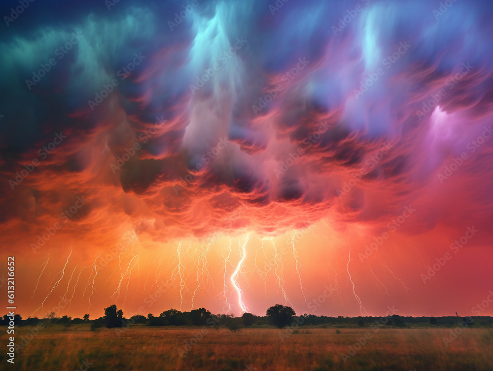 Vibrantly colored storm clouds form a majestic rainbow across the ...