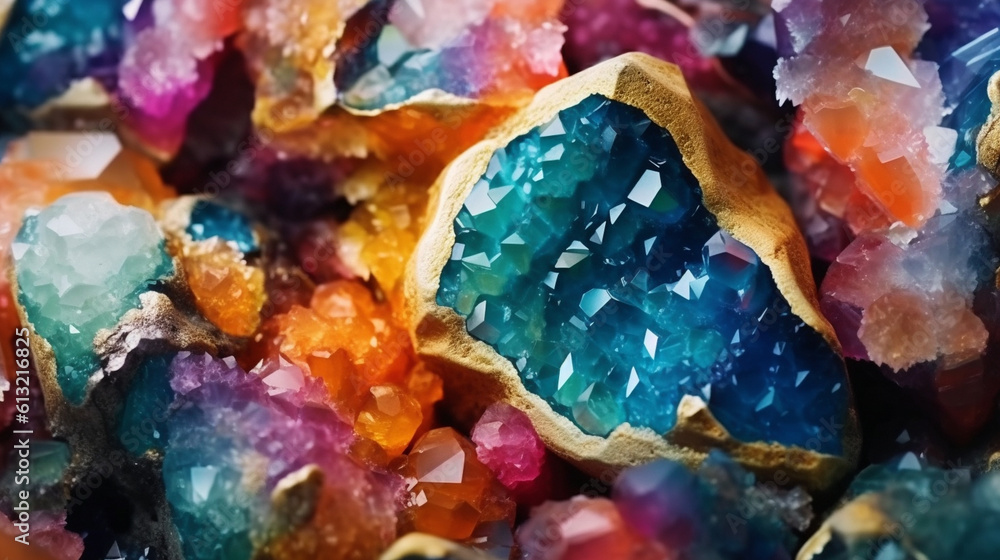Close-up of a vibrant crystal geode displaying a myriad of colors. A ...