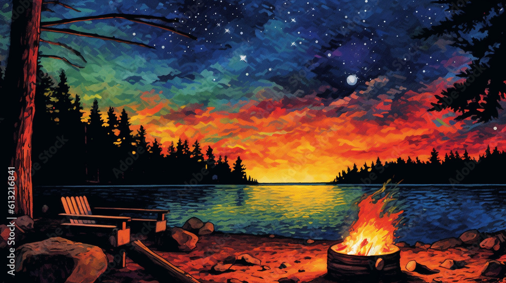 Radiant campfire beside the tranquil lakeshore. Dusk painting the sky ...
