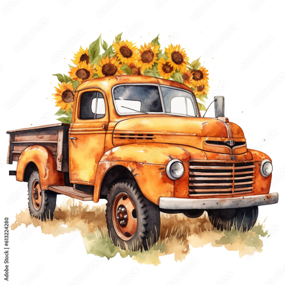 Yellow Vintage Truck Sunflower Farmhouse Watercolor Ai Generative ...