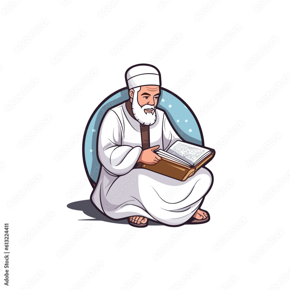 Playful cartoon Qari reciting Quran sticker Illustrations in minimalist ...
