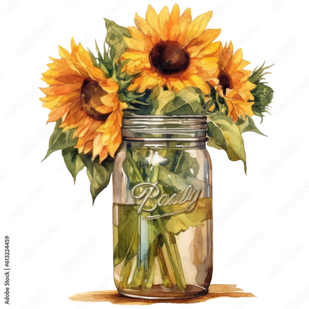 Glass Can Jar Sunflower Farmhouse Watercolor Ai Generative Clipart PNG ...