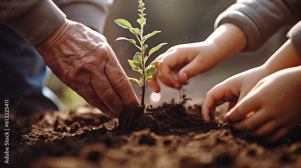 Grandfather shows his grandsons how to plant a tree and take care of ...