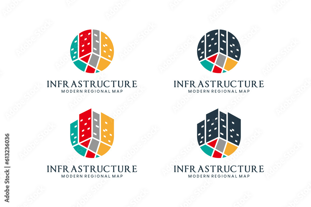 Infrastructure logo design with vector map and modern building ...