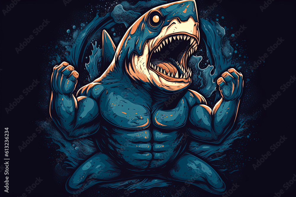 A cartoon shark flexing his muscles. Gym. Bodybuilder. Generative AI ...